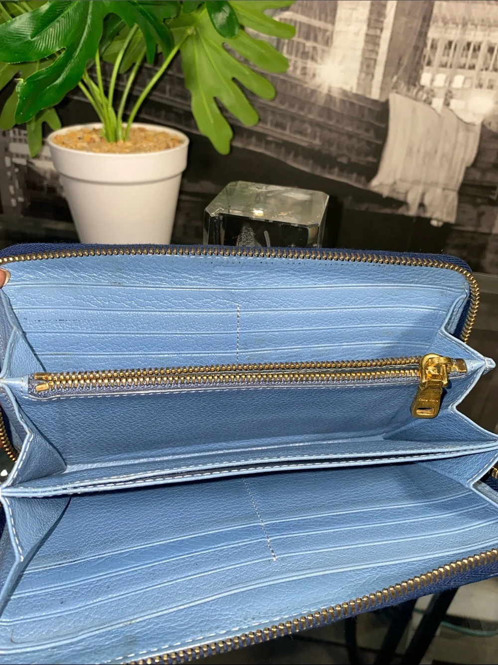Miu Miu | Bags | Authentic Miu Miu Bow Blue Leather Long Wallet In Rich ...